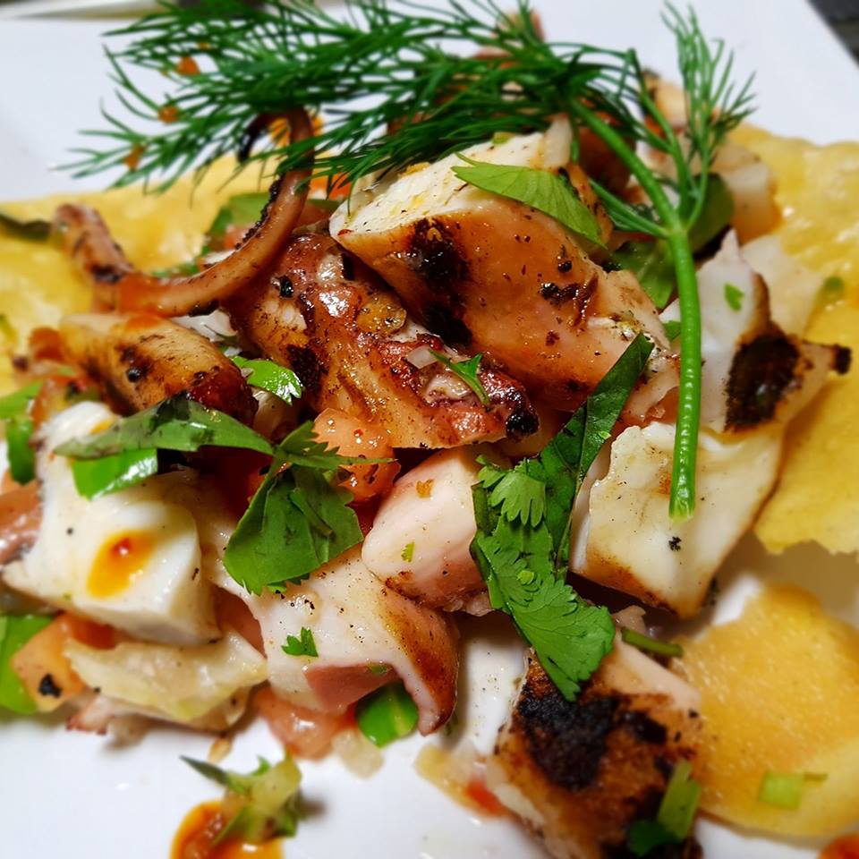 Grilled octopus with fresh salsas